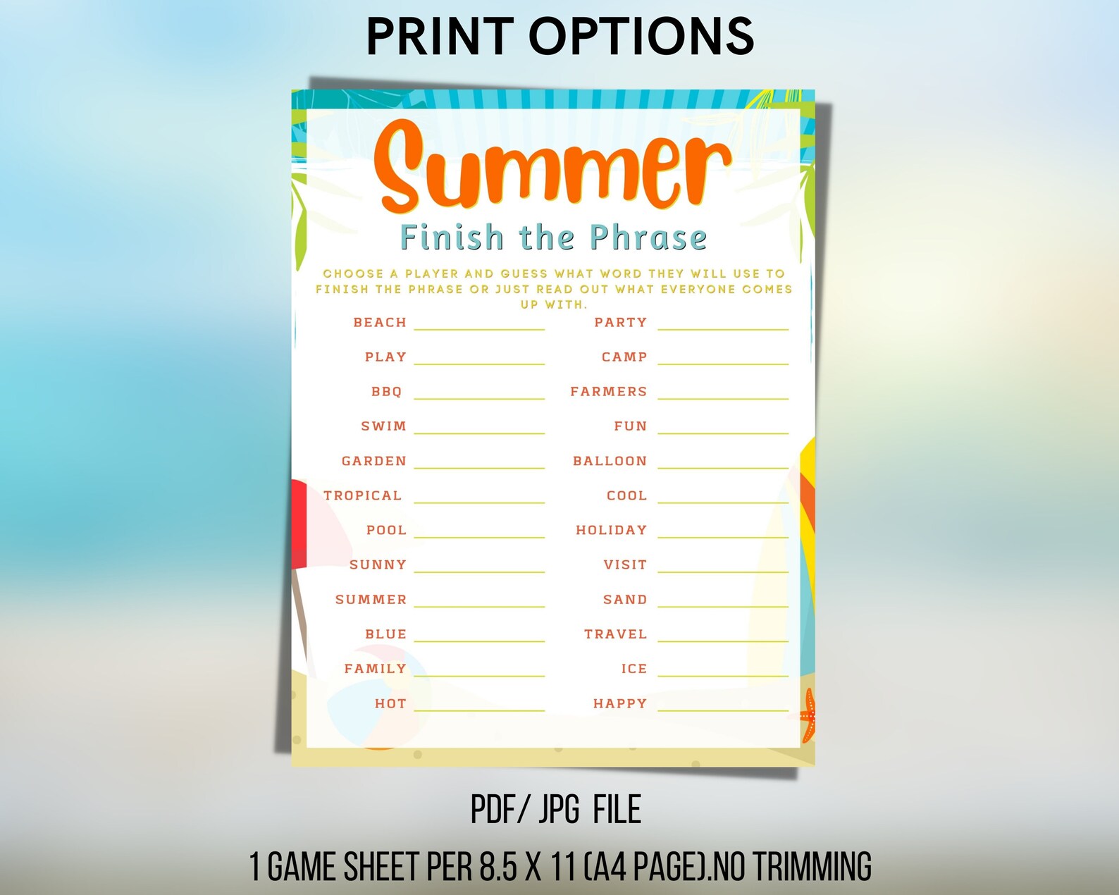 Summer Finish the Phrase Game Printable Use for Summer | Etsy