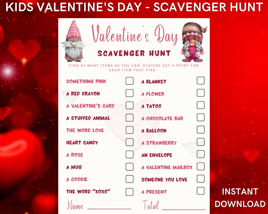 Kids Valentine's Day Scavenger Hunt Game for Home/ Classroom Party Fun ...