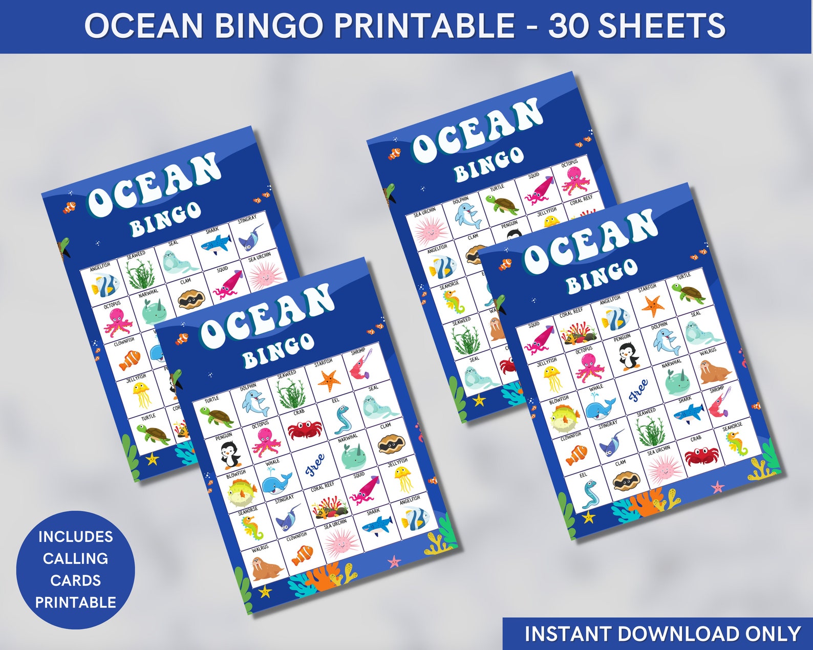 Ocean Bingo game for under the sea birthday baby shower or | Etsy