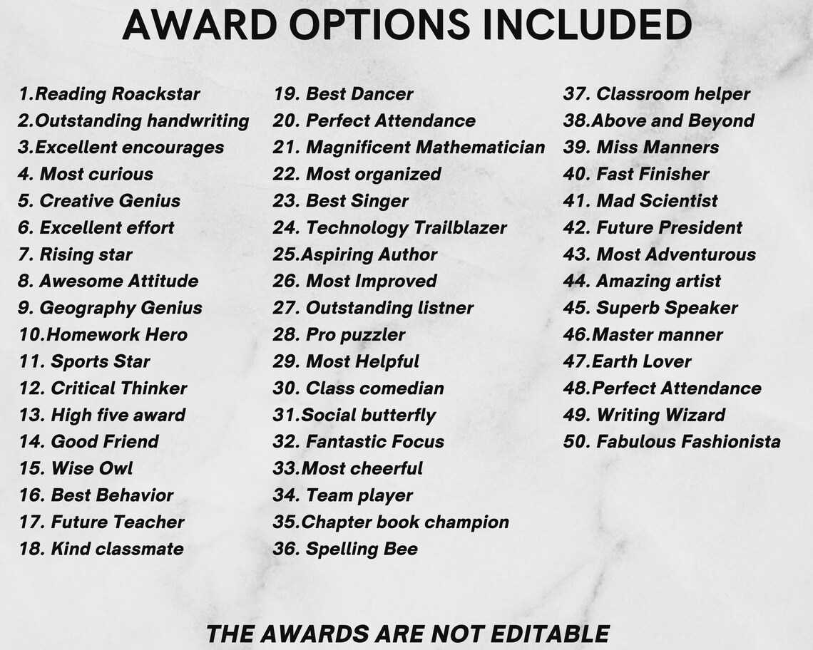 End of School Year Awards Printable for Last Day of Class 50 - Etsy