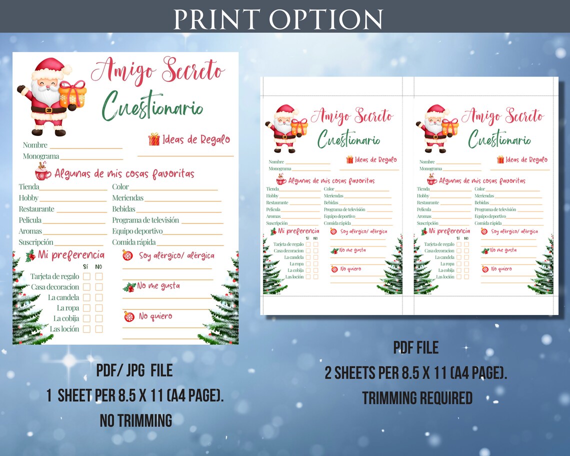 Secret Santa Questionnaire (spanish Version) for Work or Family Holiday ...