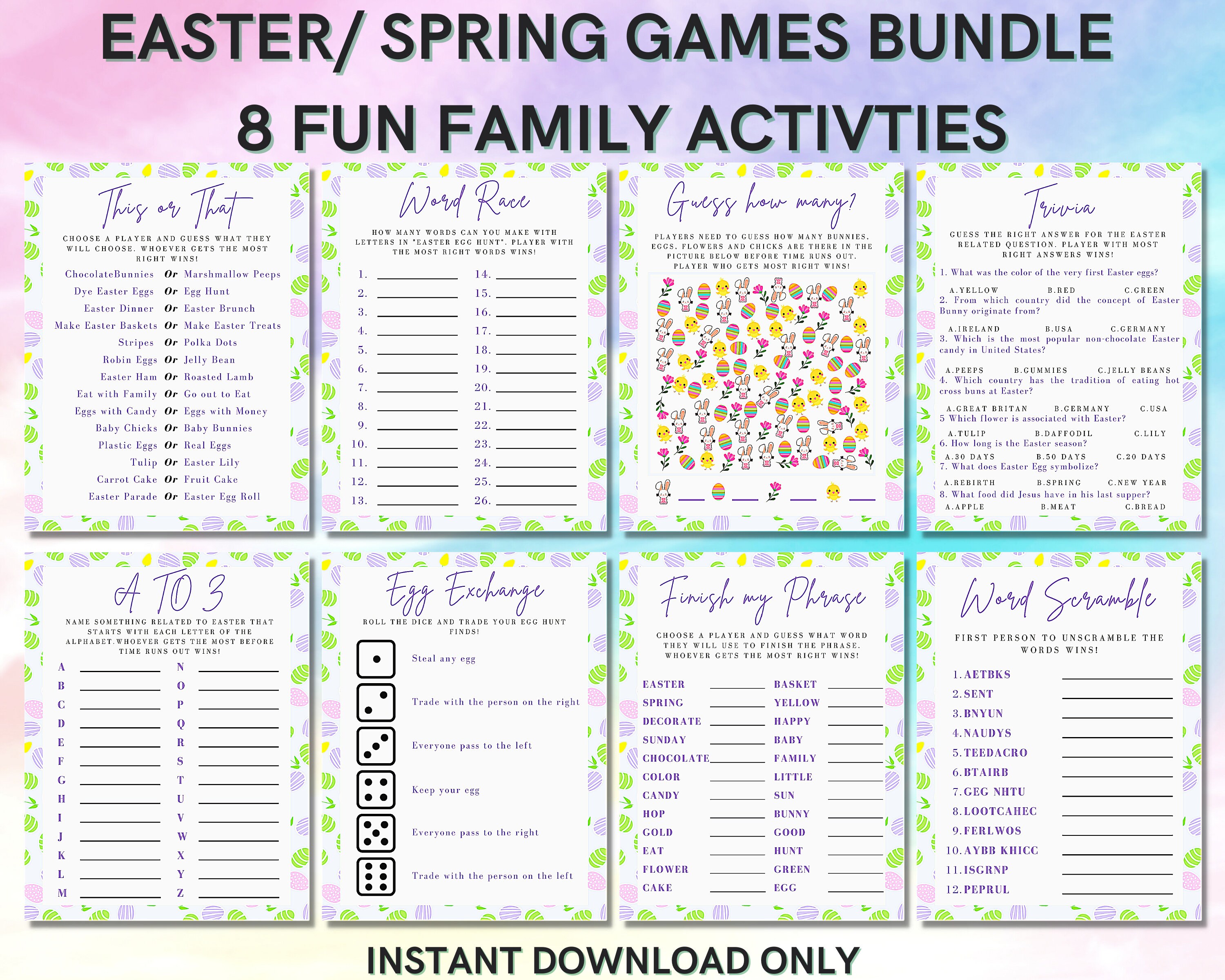 Easter/ Spring Games Printable Bundle for Fun Activity With Family ...