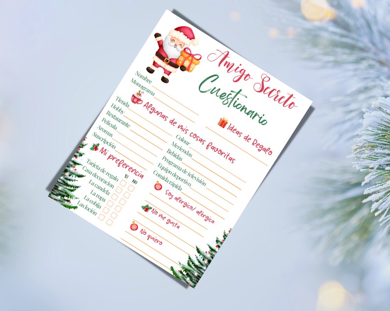 Secret Santa Questionnaire spanish Version for Work or - Etsy