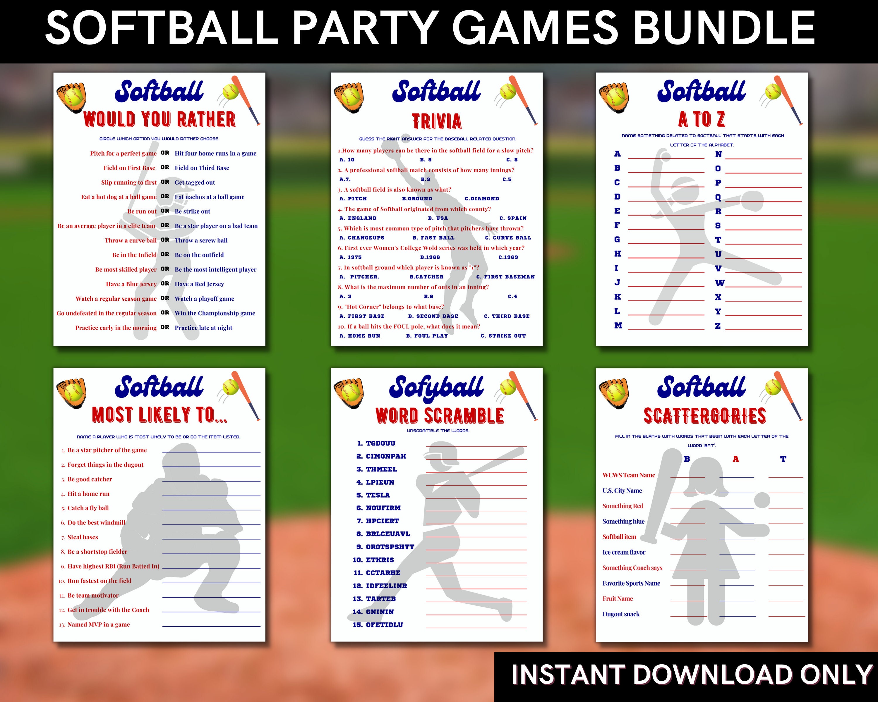 Softball Party Games Bundle: Fun Team Activity (instant Download) - Etsy