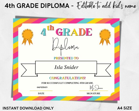 Rainbow 4th Grade Diploma/ Certificate Printable End of | Etsy