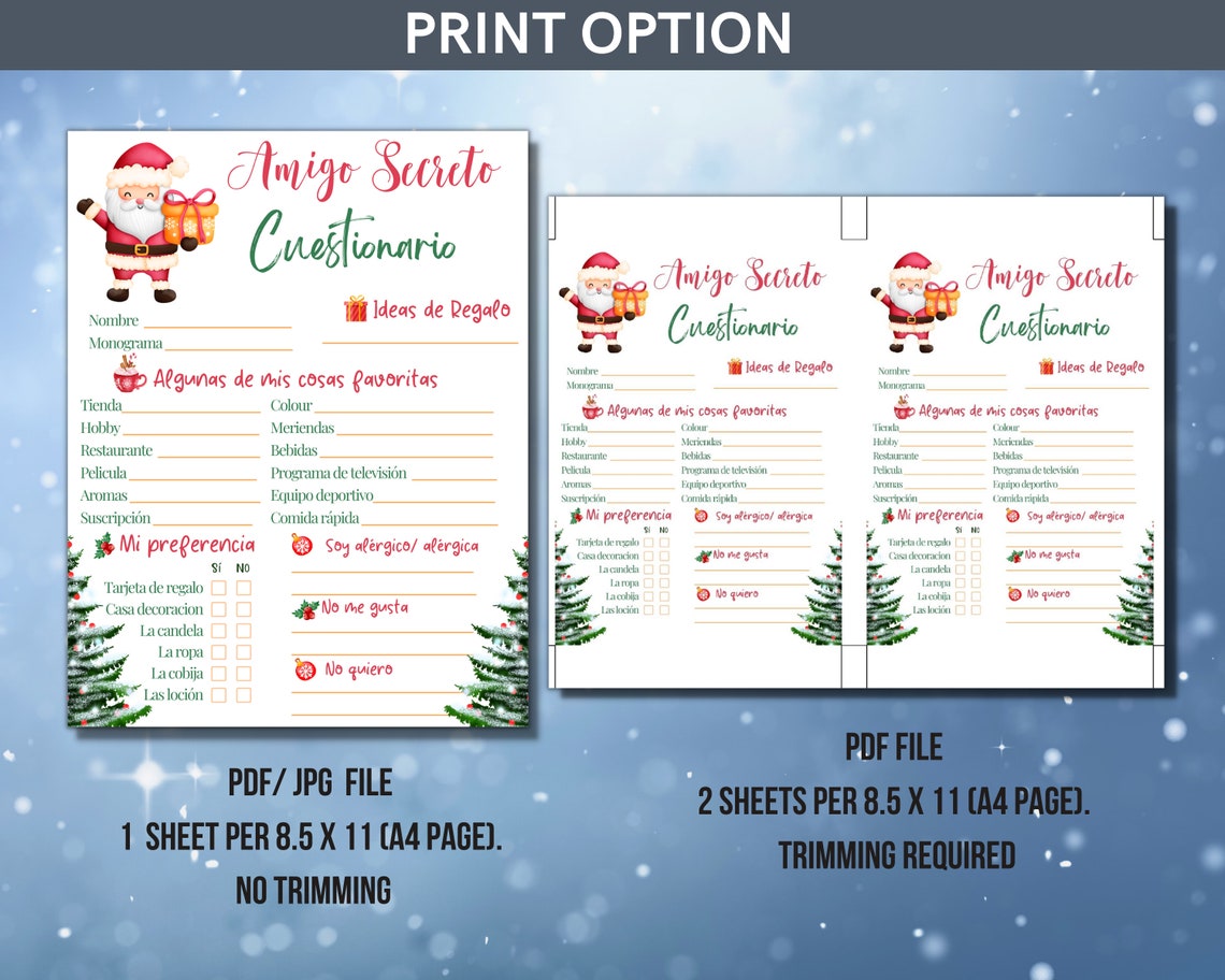 Secret Santa Questionnaire spanish Version for Work or - Etsy