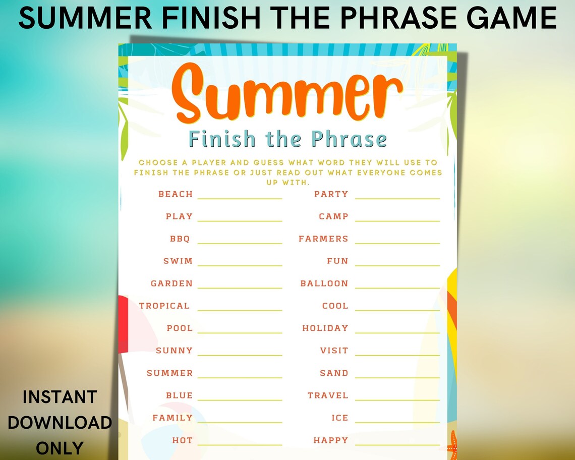 Summer Finish the Phrase Game Printable Use for Summer | Etsy