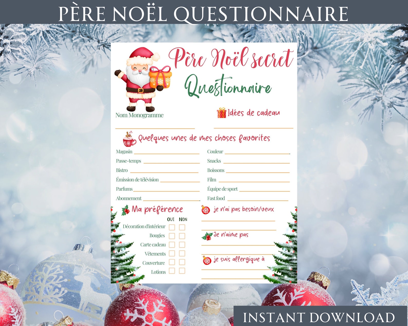 Secret Santa/ Père Noël Questionnaire (french Version) for Work or ...
