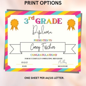 Rainbow 3rd Grade Diploma/ Certificate Printable - End of Year ...