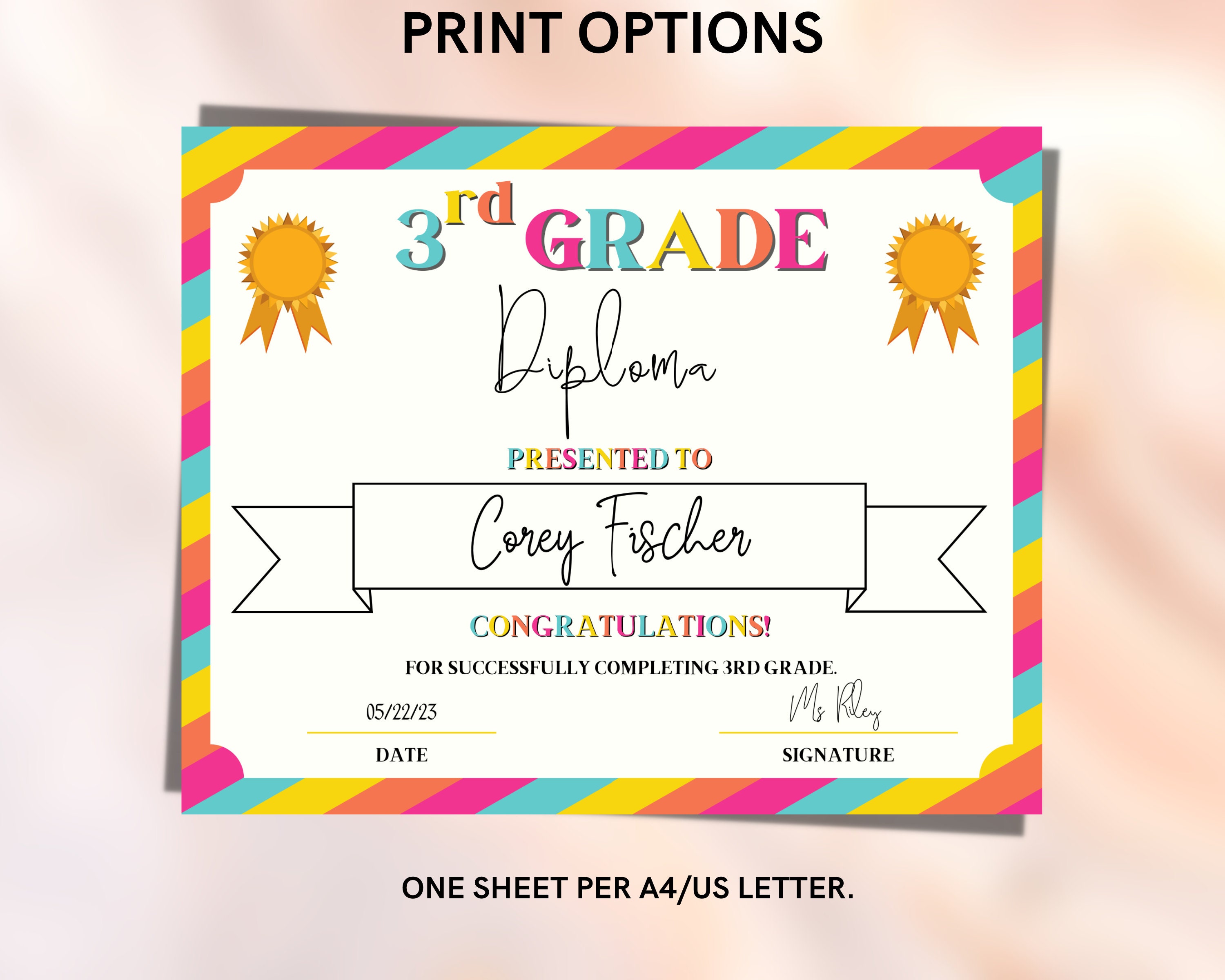 Rainbow 3rd Grade Diploma Printable: Editable Graduation Certificate ...