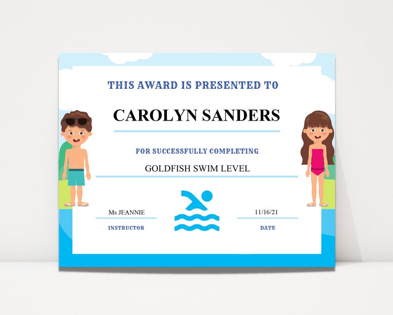 Swim Lesson Level Achievement Award or Certificate Printable - Etsy