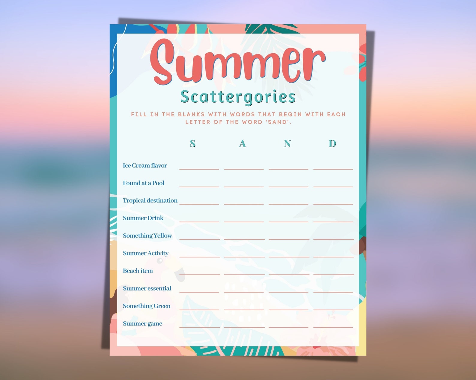 Summer Scattergories Game Printable Use for Summer Beach | Etsy