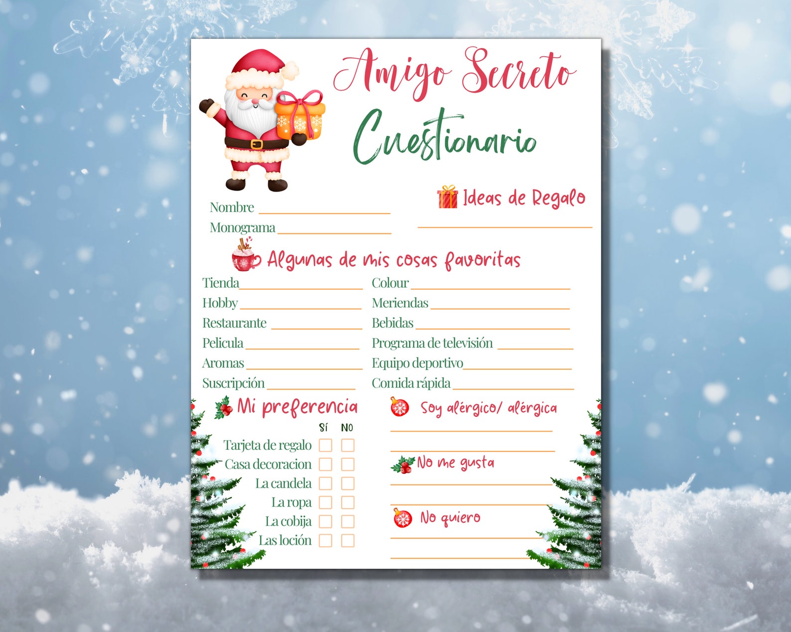 Secret Santa Questionnaire spanish Version for Work or - Etsy