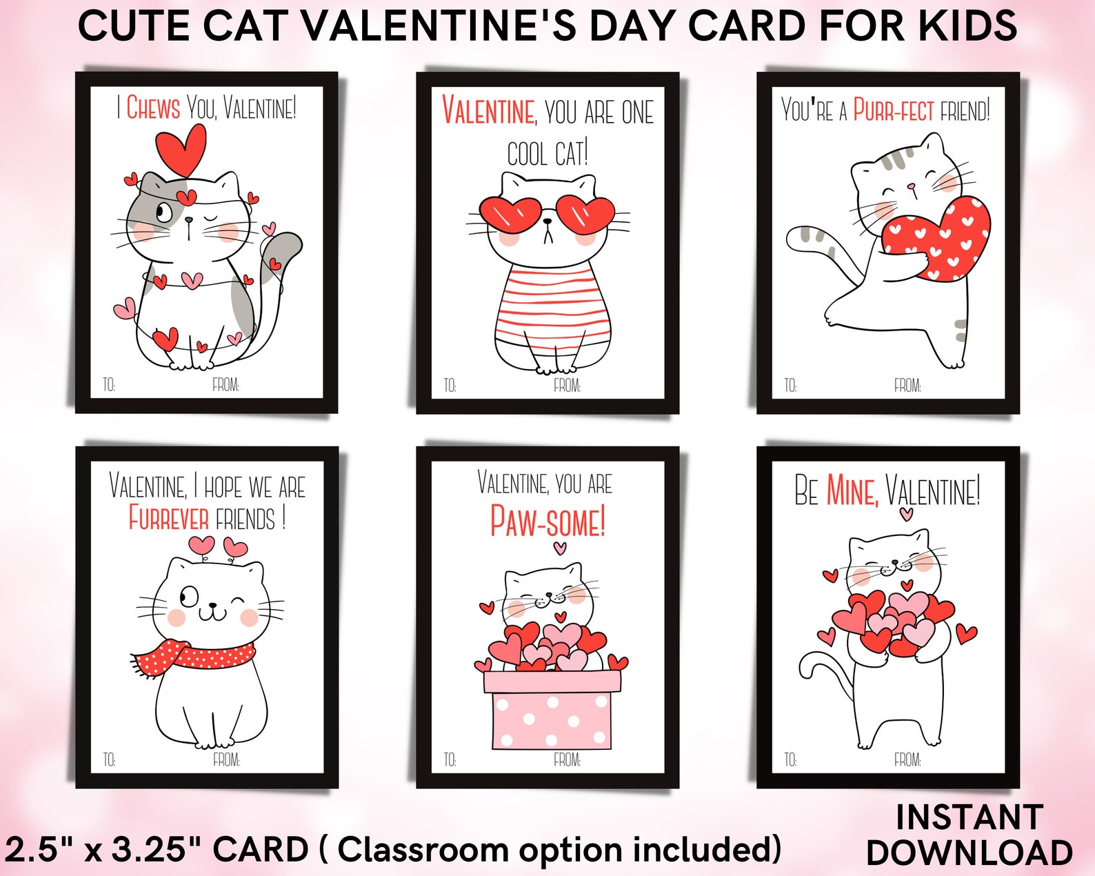 Cute Cat Valentine's Day Cards for Kids Use for Classroom - Etsy