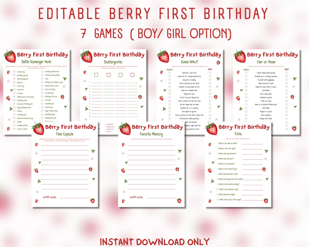 Berry First Birthday Games Bundle: 7 Party Activities (digital Download ...