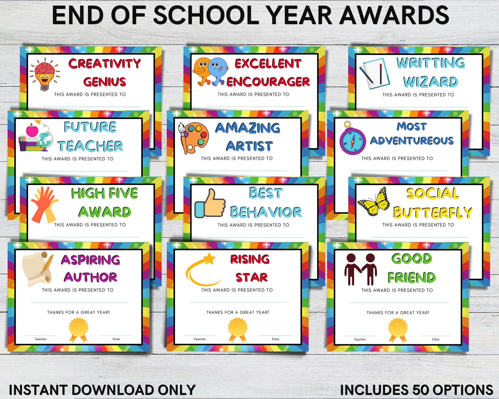 End of School Year Awards Printable for Last Day of Class 50 - Etsy
