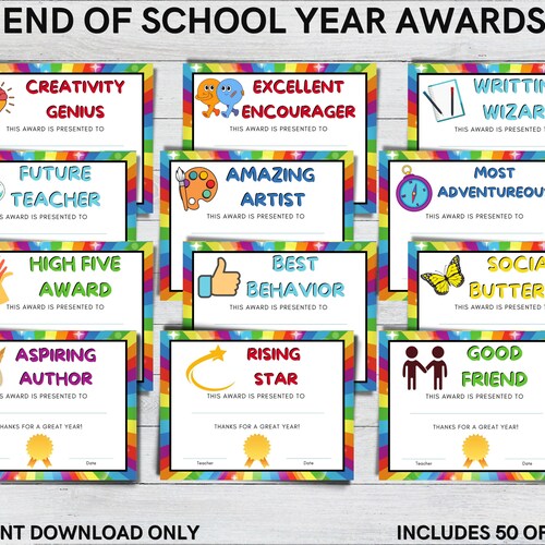 End of School Year Awards Printable for Last Day of Class 50 - Etsy