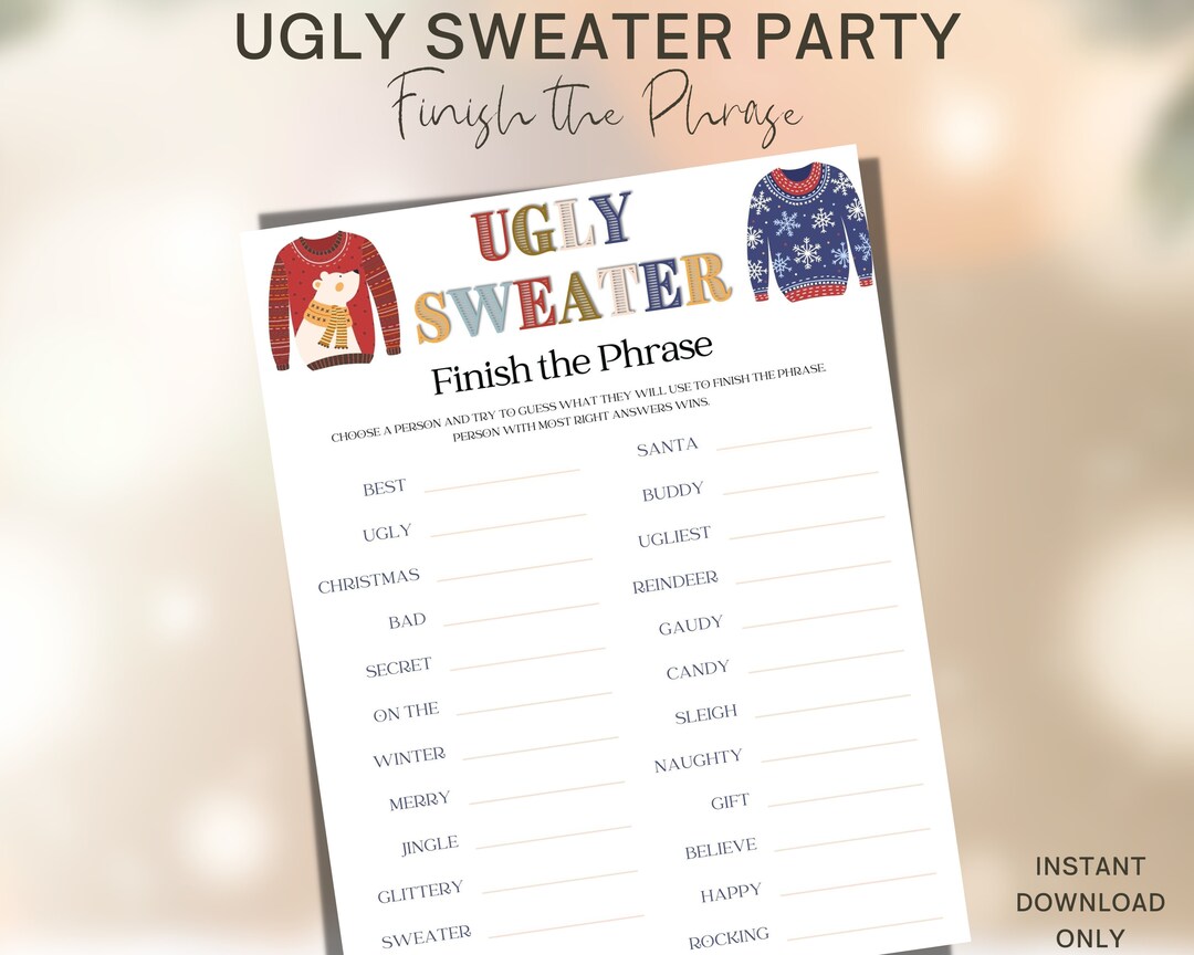 Ugly Sweater Party Finish the Phrase Game for a Holiday/ Christmas ...