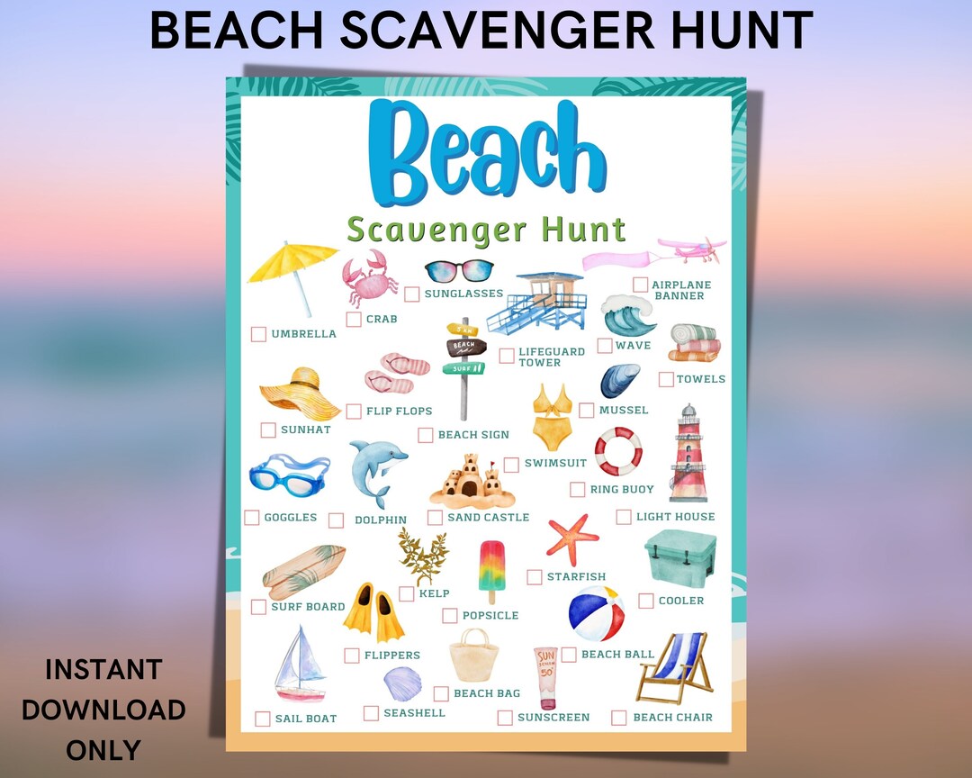 Beach Scavenger Hunt Game Printable Use for Beach Day Kids Activity A4 ...