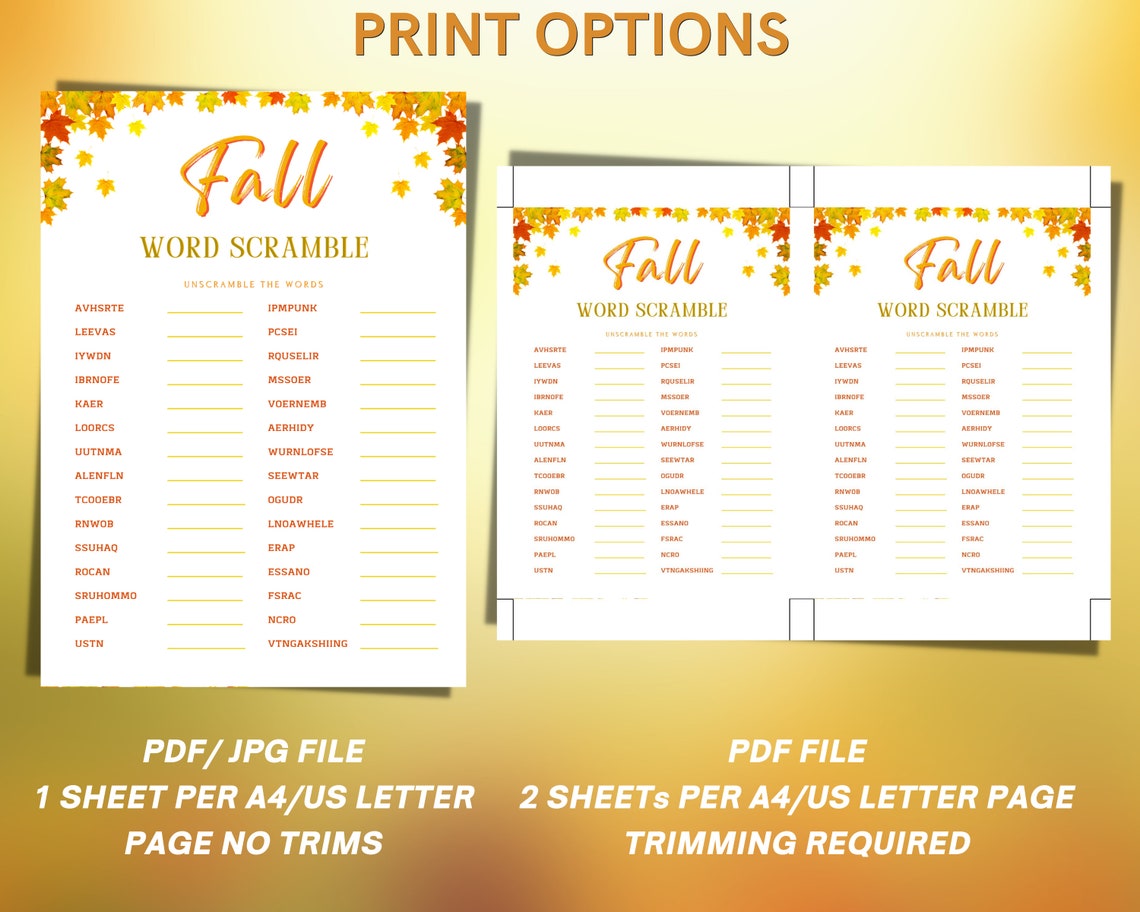Fall/ Autumn Word Scramble Game for Kids Teens & Adults - Etsy