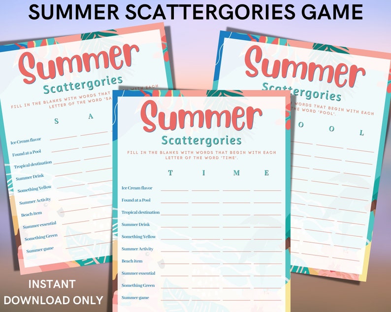 Summer Scattergories Game Printable Use for Summer Beach | Etsy