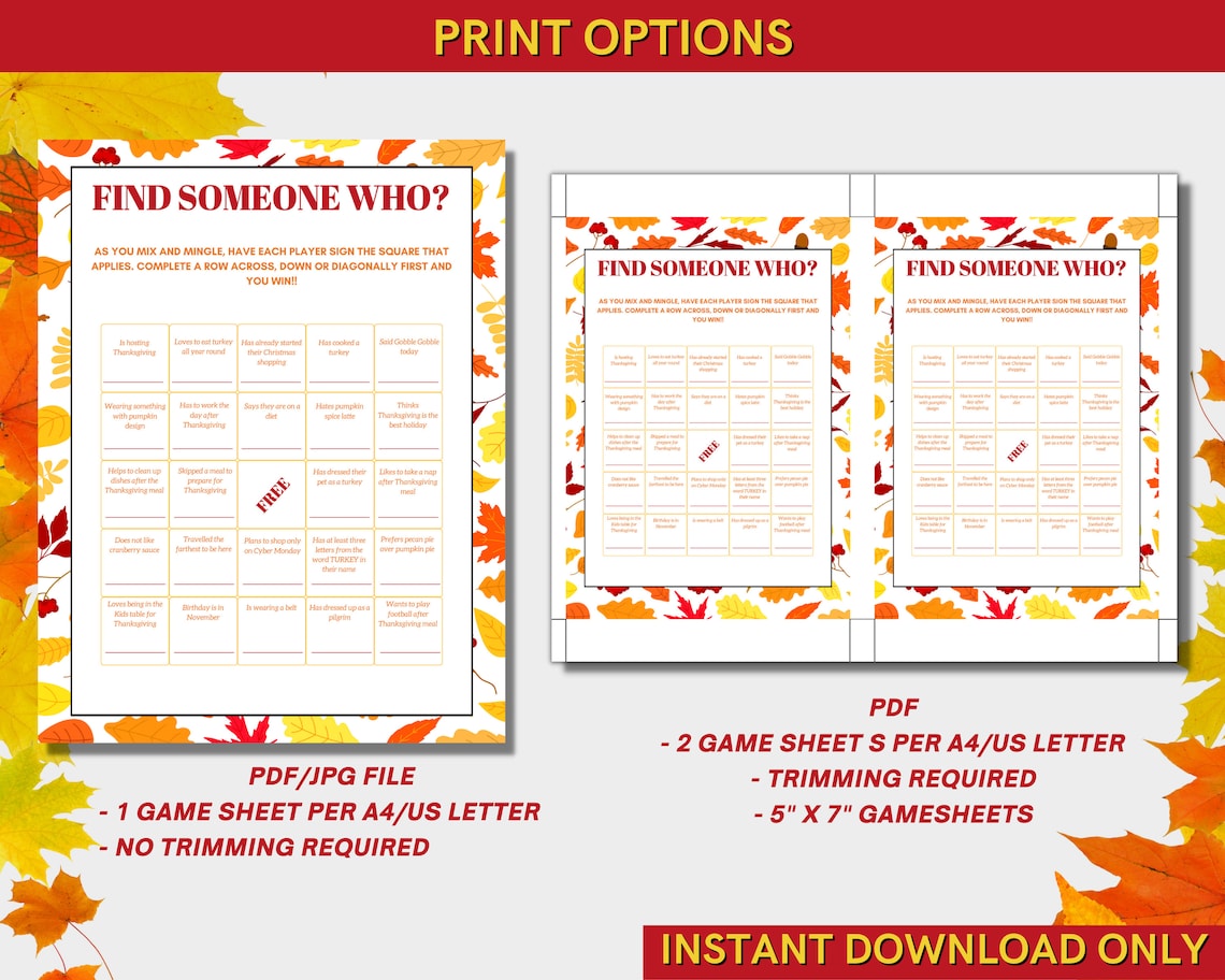 Thanksgiving/ Friendsgiving Find Someone Who... Game Printable - Etsy