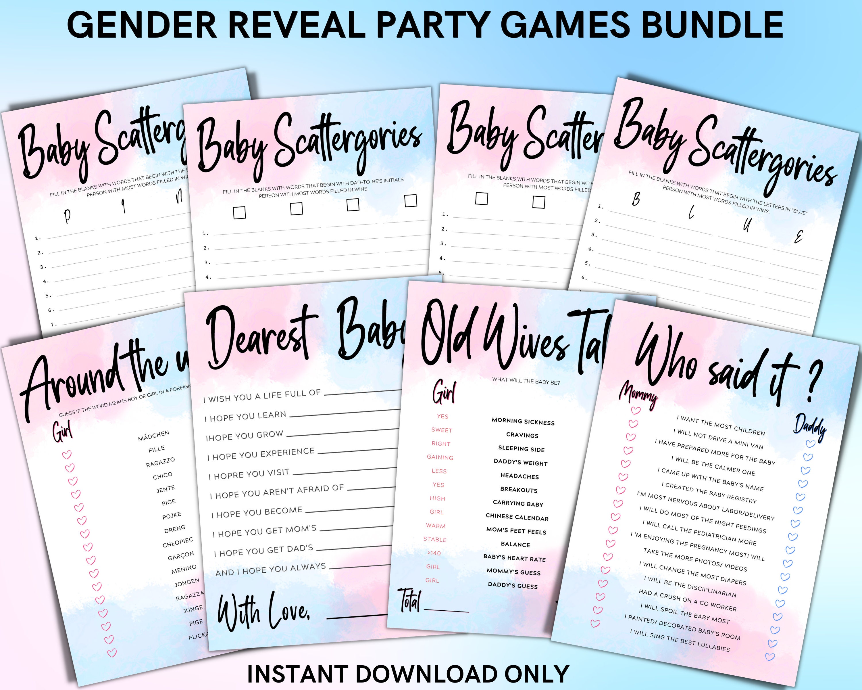 Gender Reveal Party Games Bundle for Baby Shower Blue or - Etsy