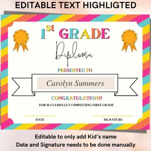 Rainbow 1st Grade Diploma/ Certificate Printable End of - Etsy