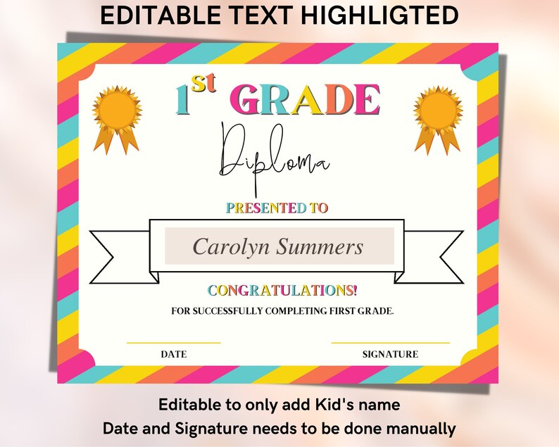 Rainbow 1st Grade Diploma/ Certificate Printable End of - Etsy