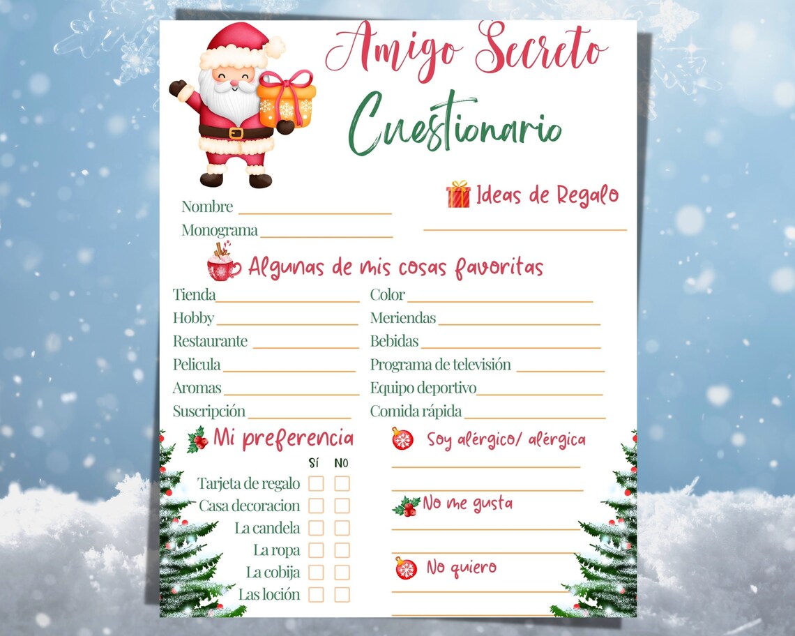 Secret Santa Questionnaire (spanish Version) for Work or Family Holiday ...