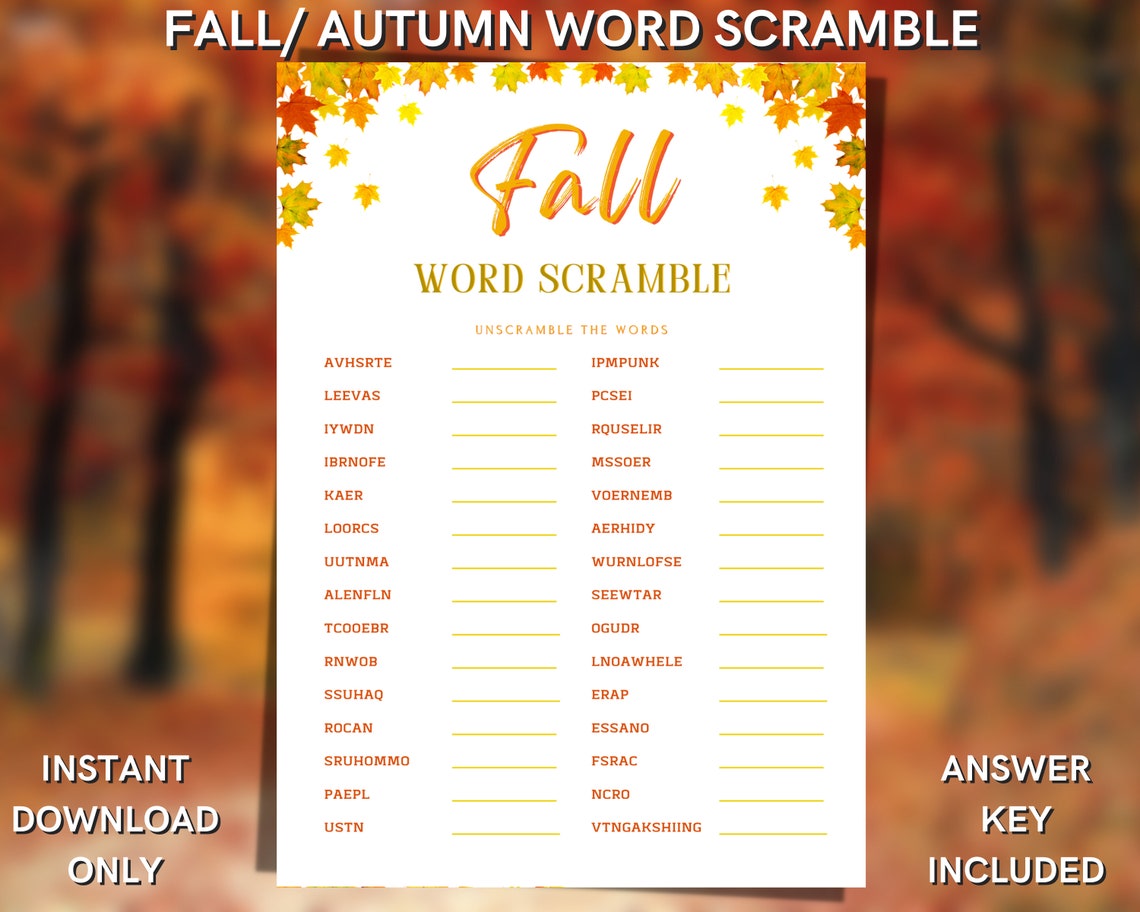 Fall/ Autumn Word Scramble Game for Kids Teens & Adults - Etsy