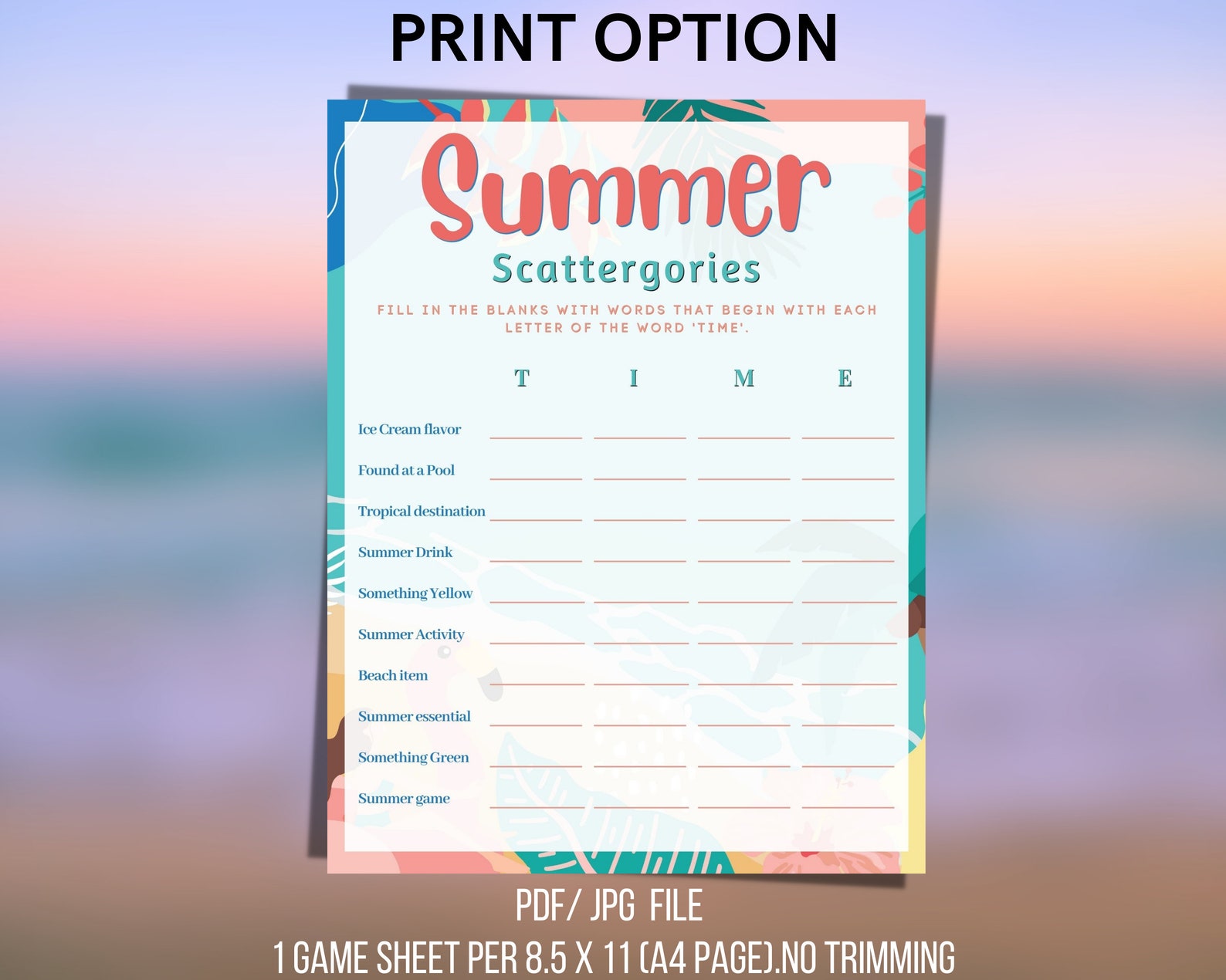 Summer Scattergories Game Printable Use for Summer Beach | Etsy