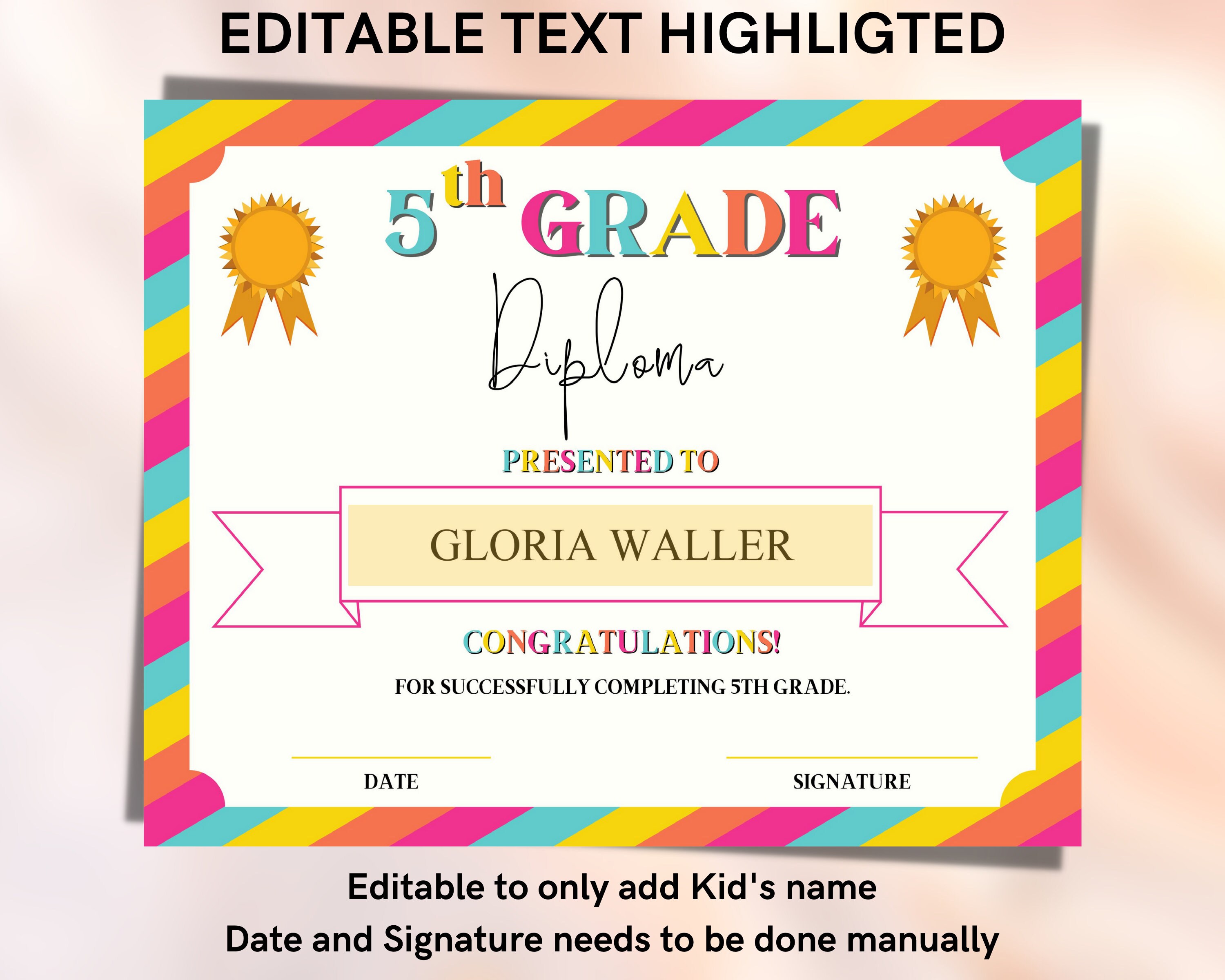 Rainbow 5th Grade Diploma/ Certificate Printable End of - Etsy