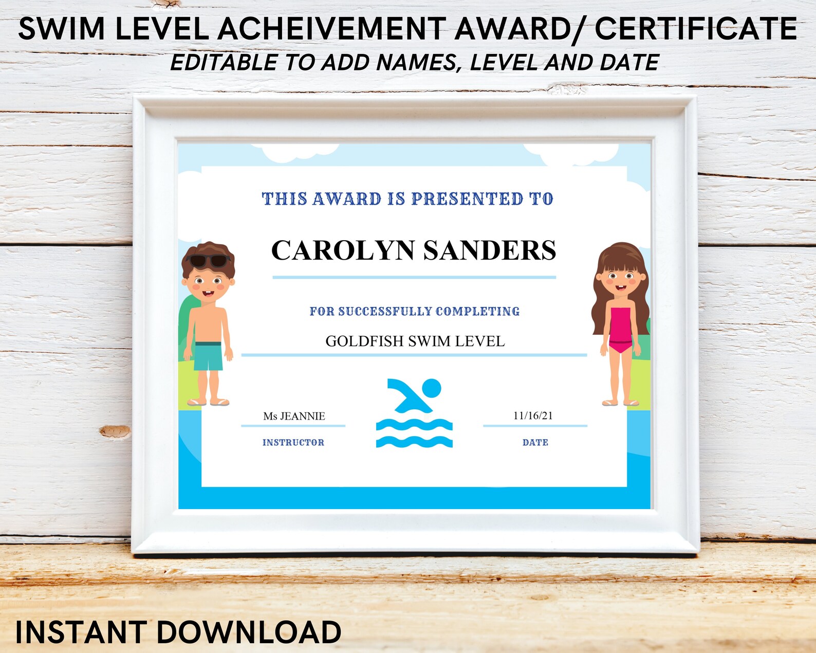 Swim Lesson Level Achievement Award or Certificate Printable - Etsy