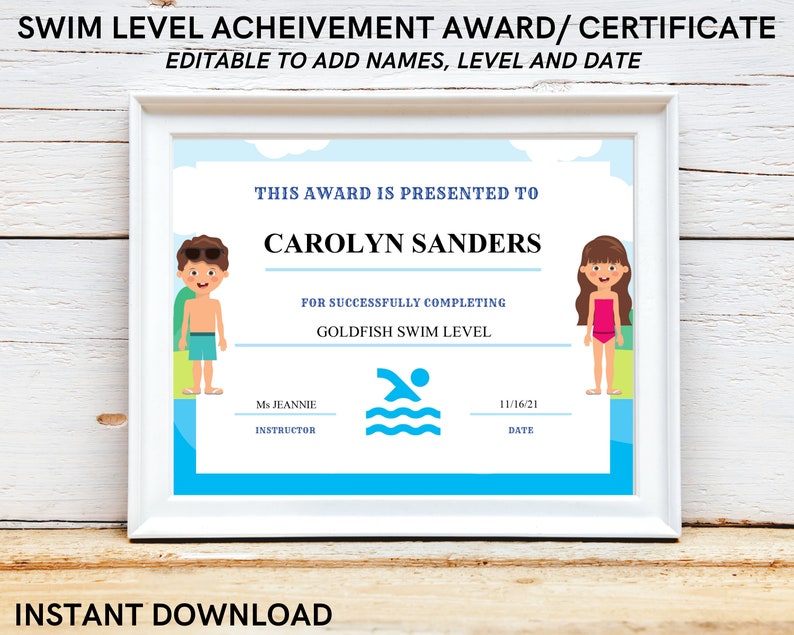 Swim Lesson Level Achievement Award or Certificate Printable - Etsy
