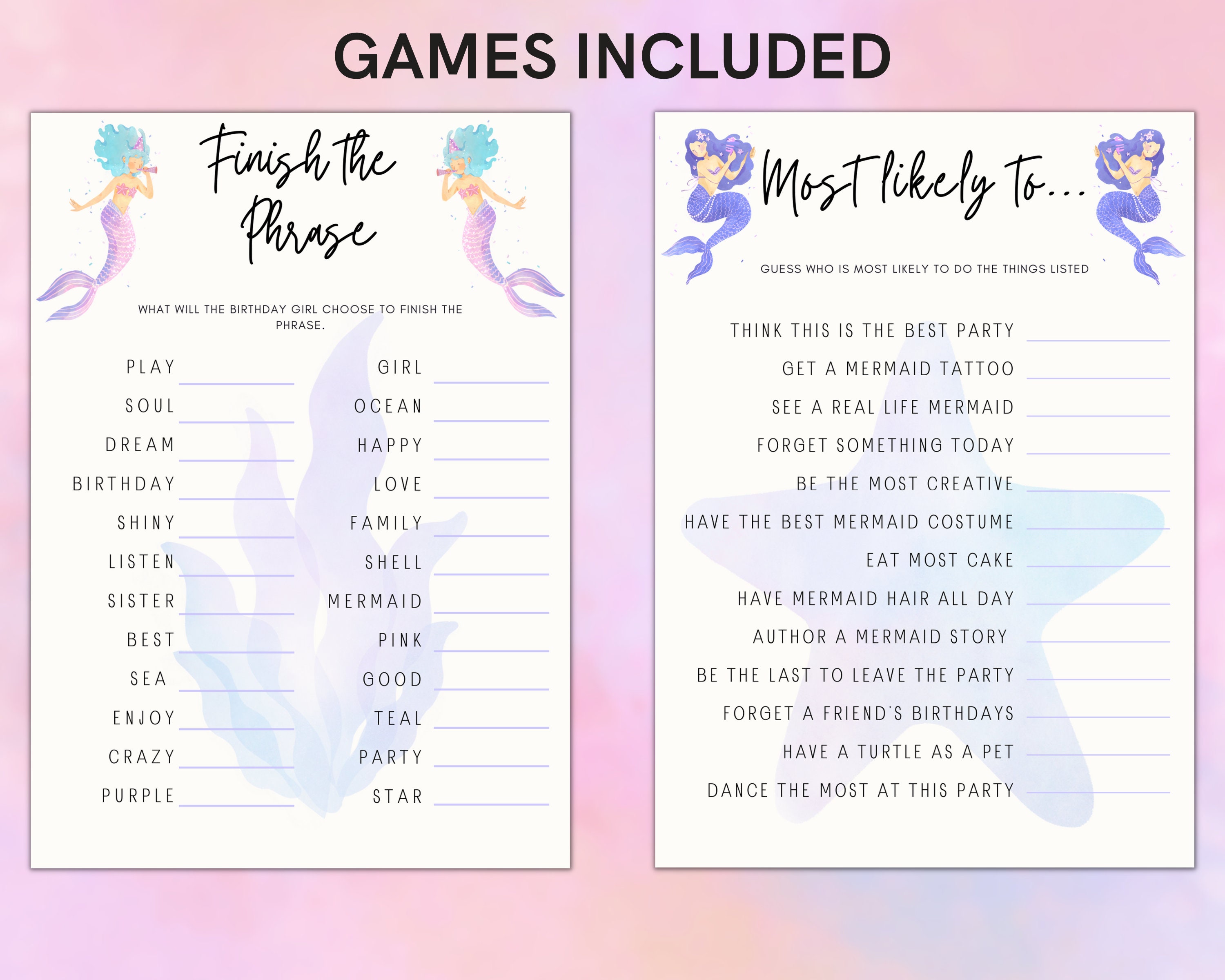 Mermaid Girl Birthday Party Games Bundle Includes 10 Fun - Etsy