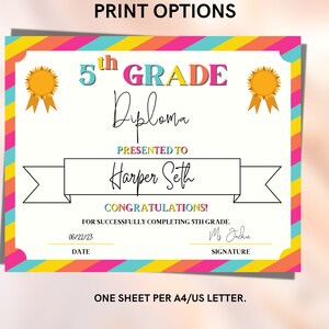 Rainbow 5th Grade Diploma/ Certificate Printable - End of School Year ...