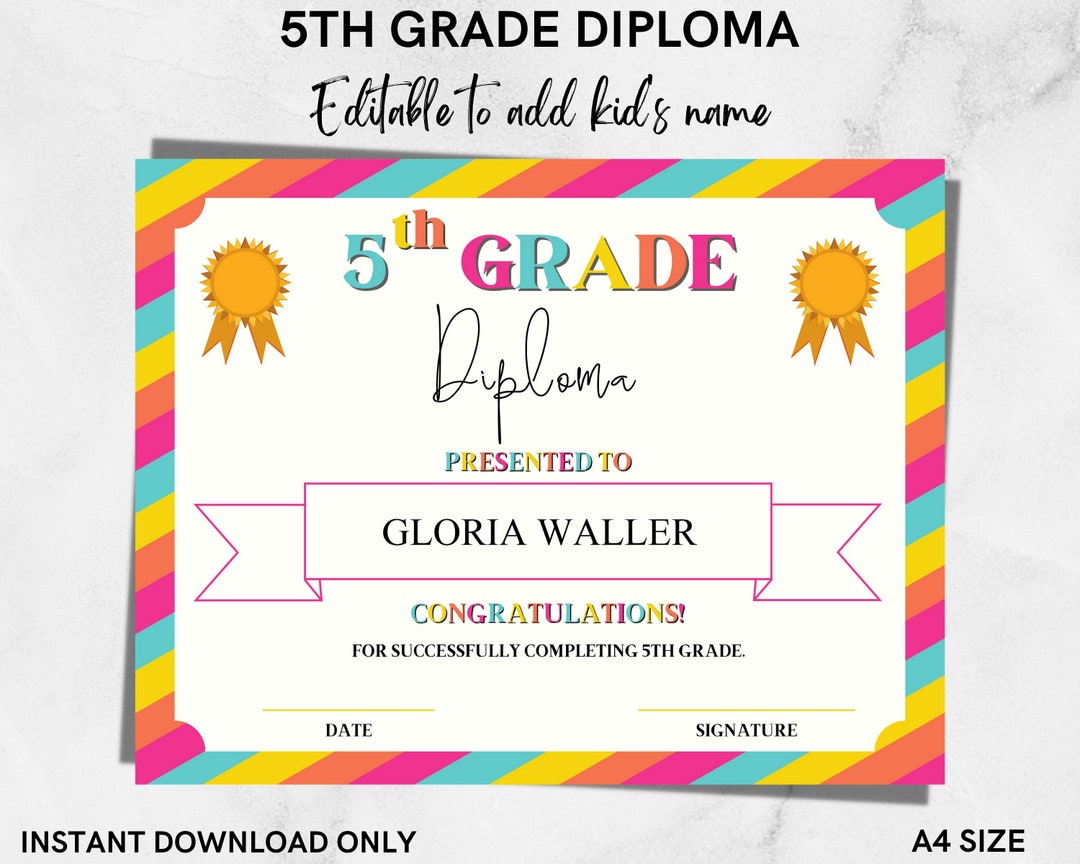 Rainbow 5th Grade Diploma/ Certificate Printable End of - Etsy