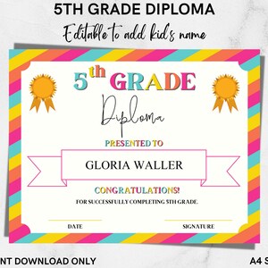 Rainbow 5th Grade Diploma/ Certificate Printable End of - Etsy