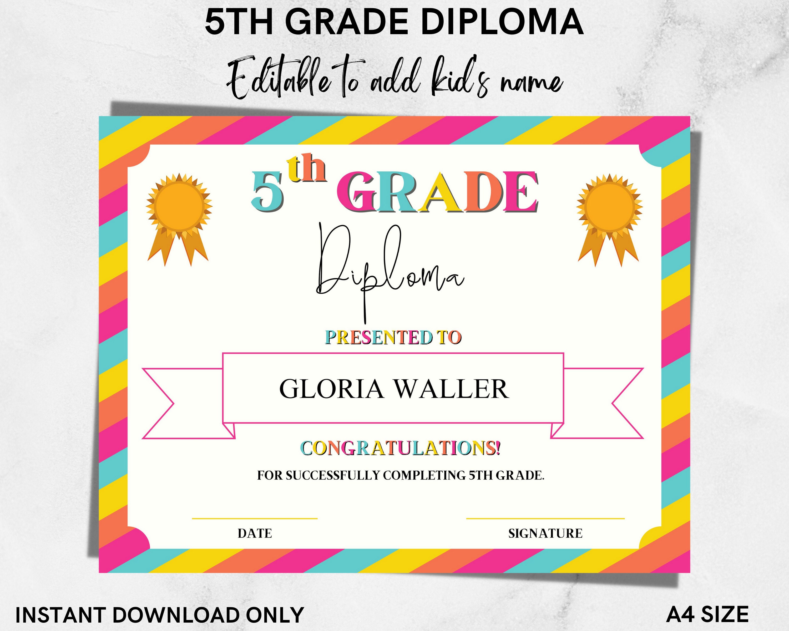 Rainbow 5th Grade Diploma/ Certificate Printable End of - Etsy