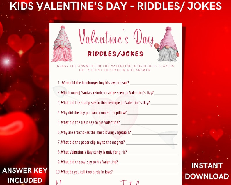 Kids Valentine's Day Riddles/ Jokes Game for Home or Classroom Party ...