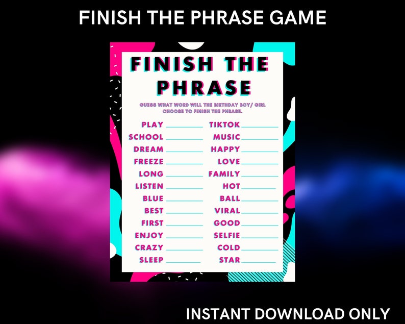 Finish the Phrase Game: Tiktok Birthday Party (instant Download) - Etsy