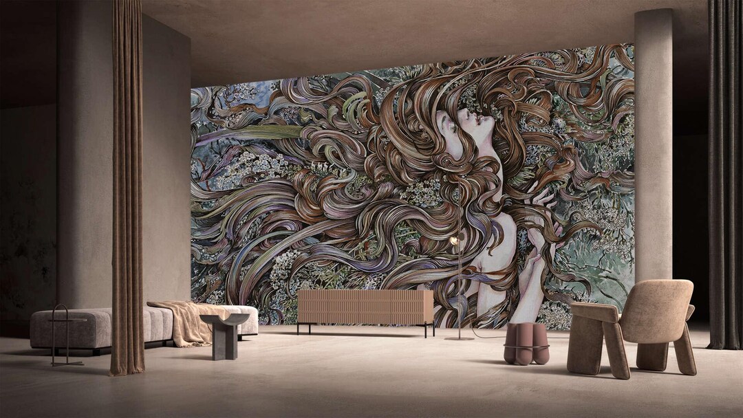 Art Goddess Wall Mural • Detailed Floral Portrait Wallpaper • Elegant ...
