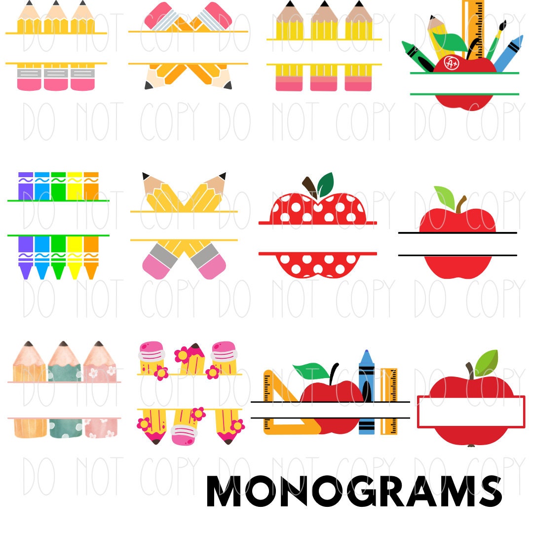 School Themed Monogram Digital Bundle, Back to School Png, First Day of ...