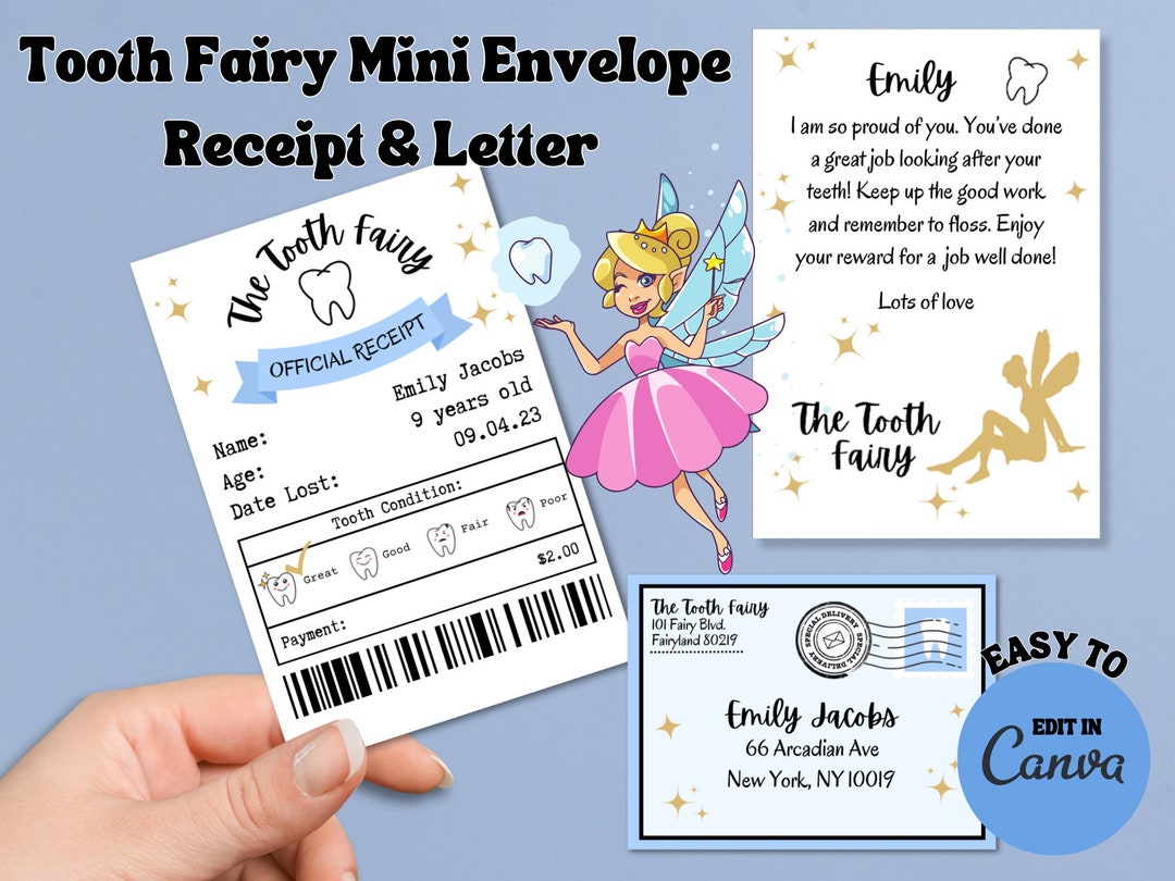 Printable Mini Tooth Fairy Set Blue With Envelope, Receipt and Fairy ...