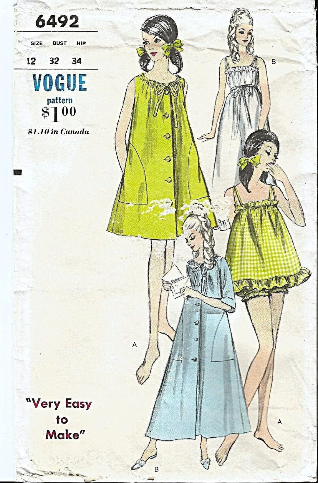 Vogue 6492, Vintage 1965 Sewing Pattern, Misses Nightgown & Robe, Easy ...