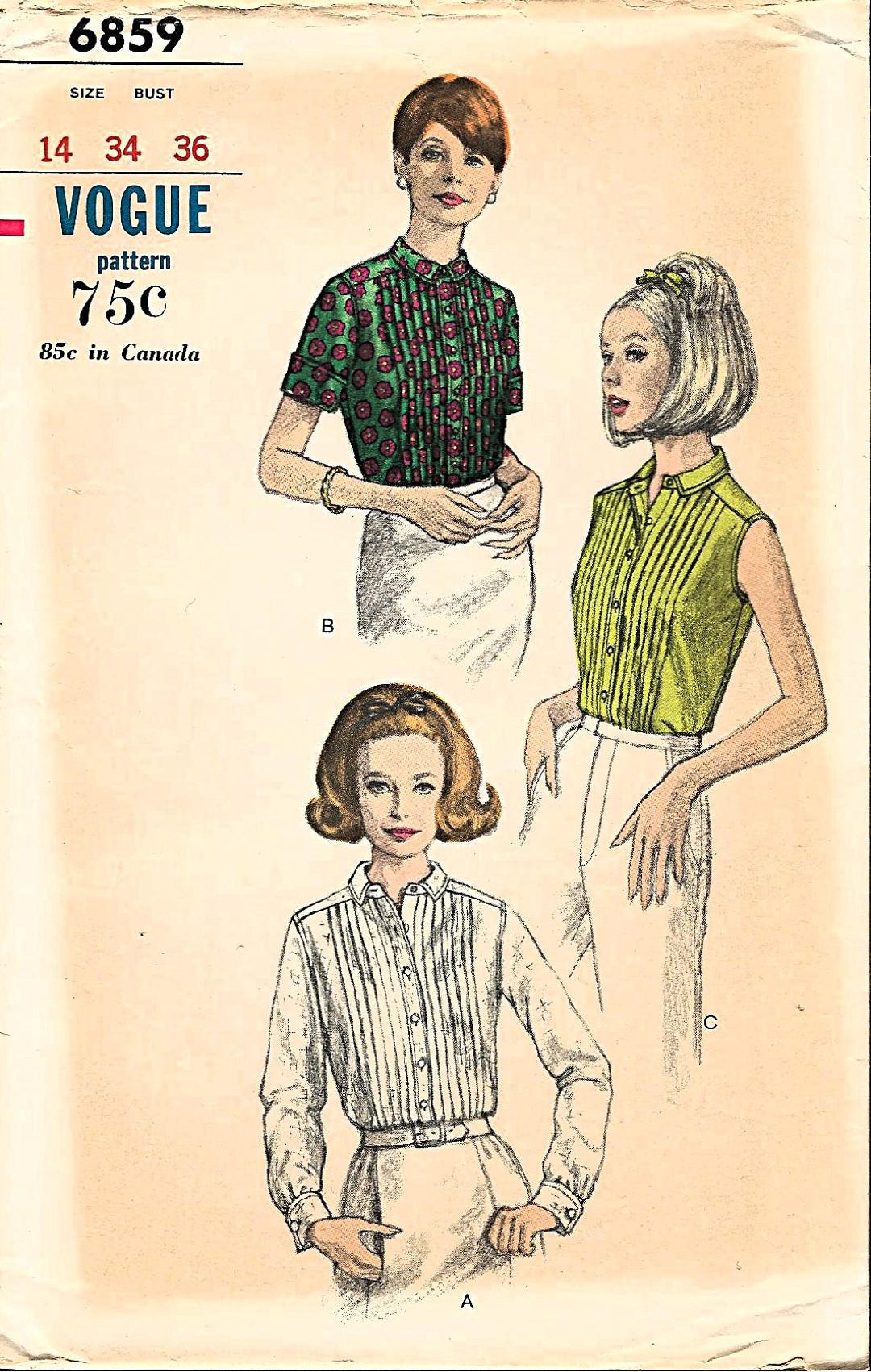 Vogue 6859, Vintage 1960s Sewing Pattern, Misses Button Front Blouse ...