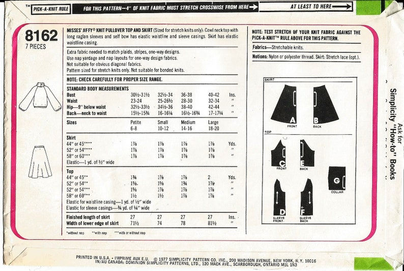Simplicity 8162 Vintage 1977 Sewing Pattern Misses Jiffy Knits A-line ...