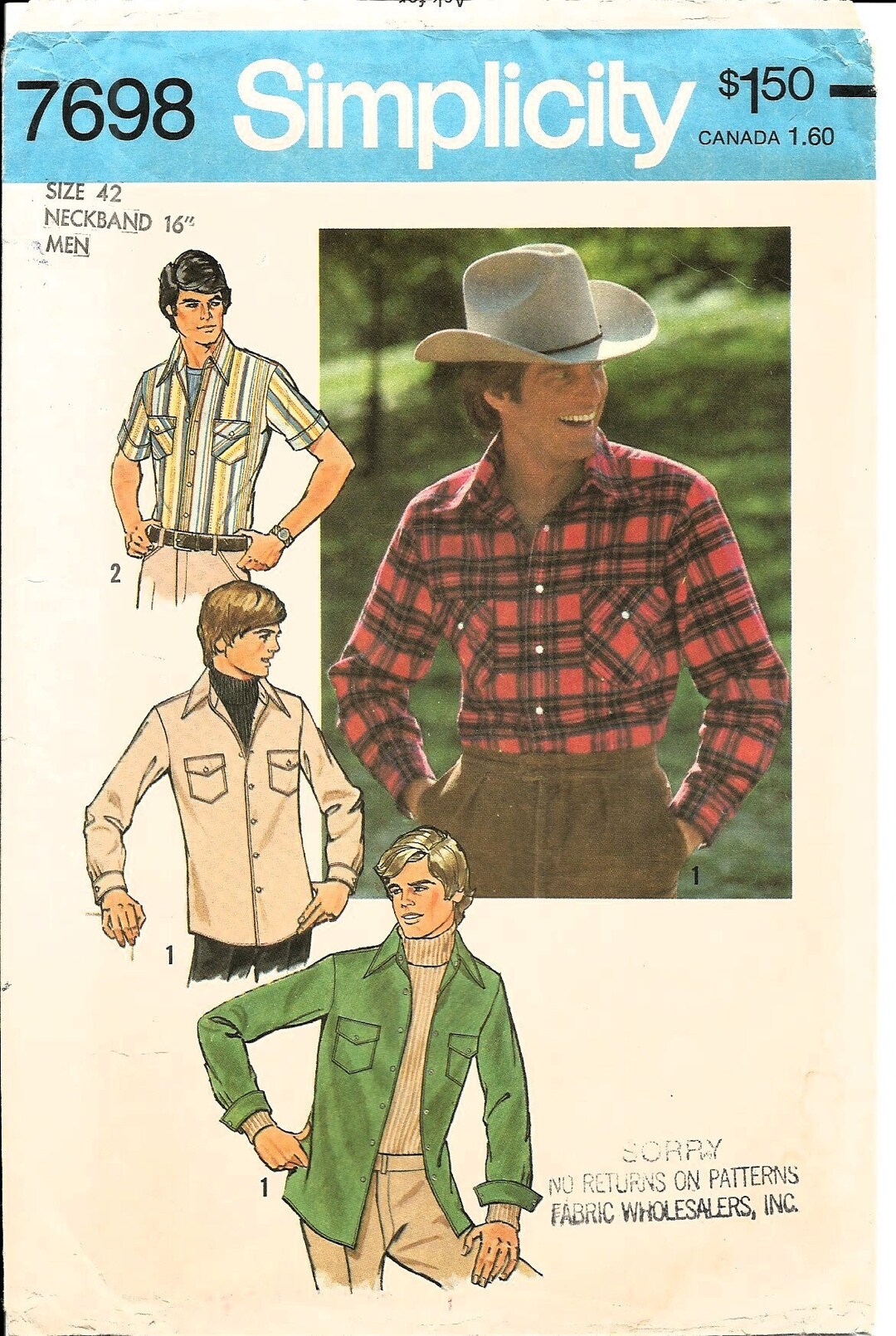 Simplicity 7698, Vintage 1976 Sewing Pattern, Men's Western Shirt With ...