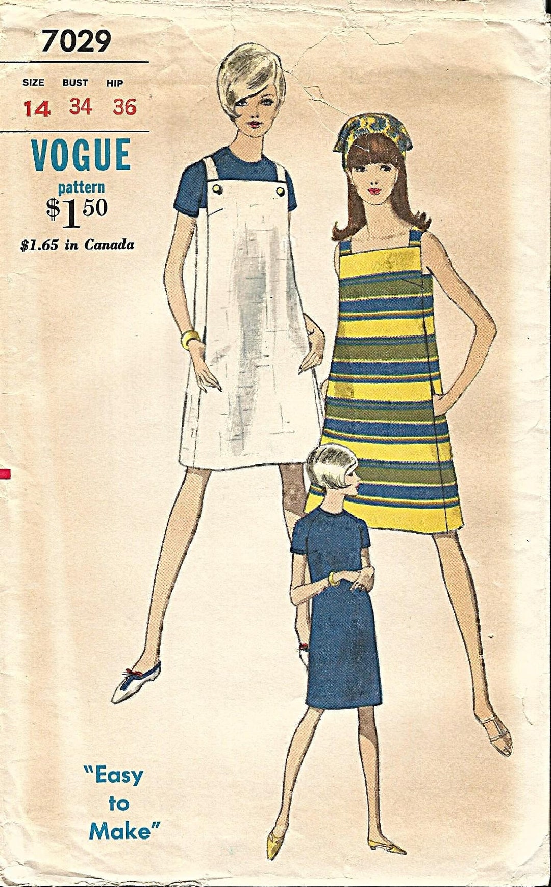 Vogue 7029, Vintage 1967 Sewing Pattern, Misses Square Neck Jumper ...